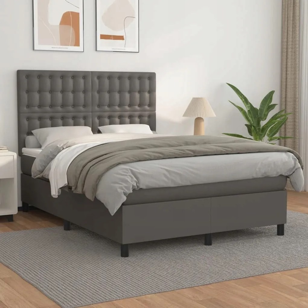 Box Spring Postel S Matrací Šedá Umělá Kůže Šedá tlačítka 140 x 190 cm