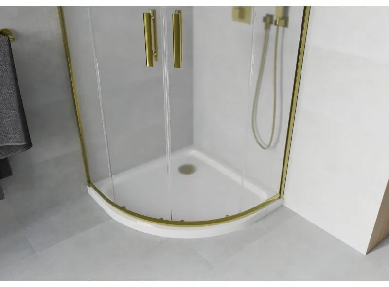 Mexen Rio, čtvrtkruhový sprchový kout 90(dveře)x90(dveře)x190 cm, 5mm sklo námraza, zlatý profil + bílá sprchová vanička SLIM, 863-090-090-50-30-4110G