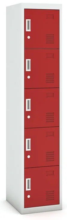 Šatní skříňka S3 s úložnými boxy, 5 boxů, 1800 x 380 x 450 mm, demont, cylindrický zámek, červené dveře