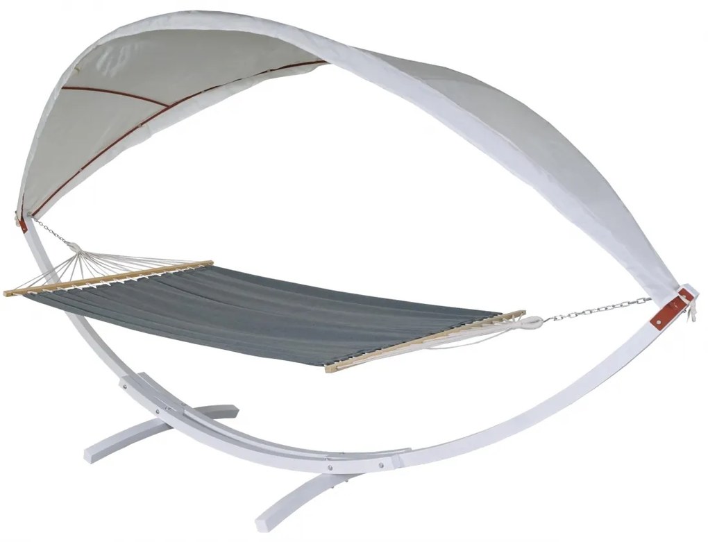 Houpací síť HWC-J47 se stříškou pro 2 osoby, dřevo, 420cm - bílá, šedá