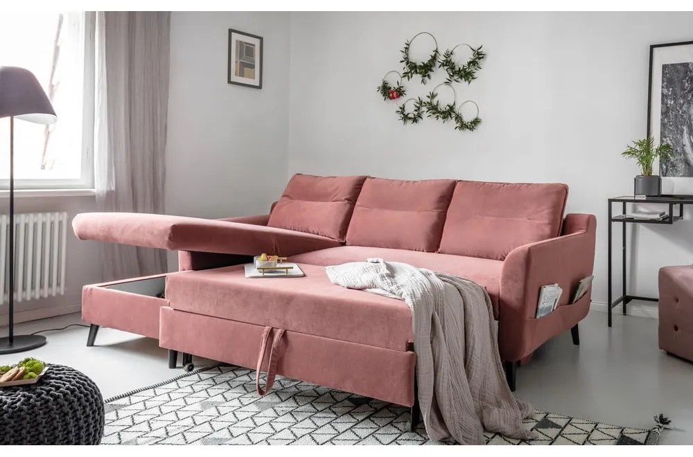 Růžová sametová rozkládací rohová pohovka Miuform Stylish Stan, levý roh