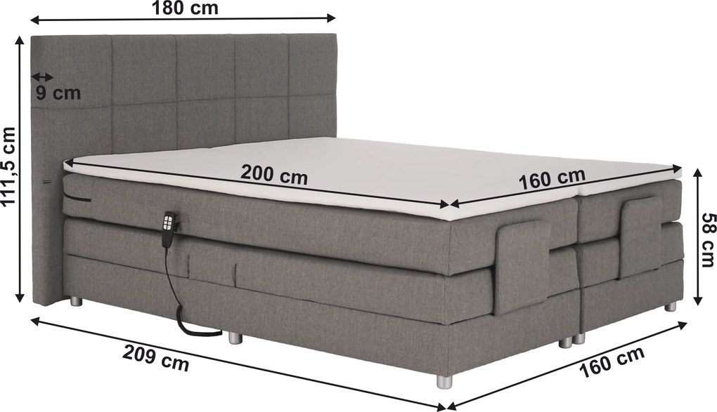 Elektrická polohovací postel, boxspring, šedá, 160x200, MURKO NEW
