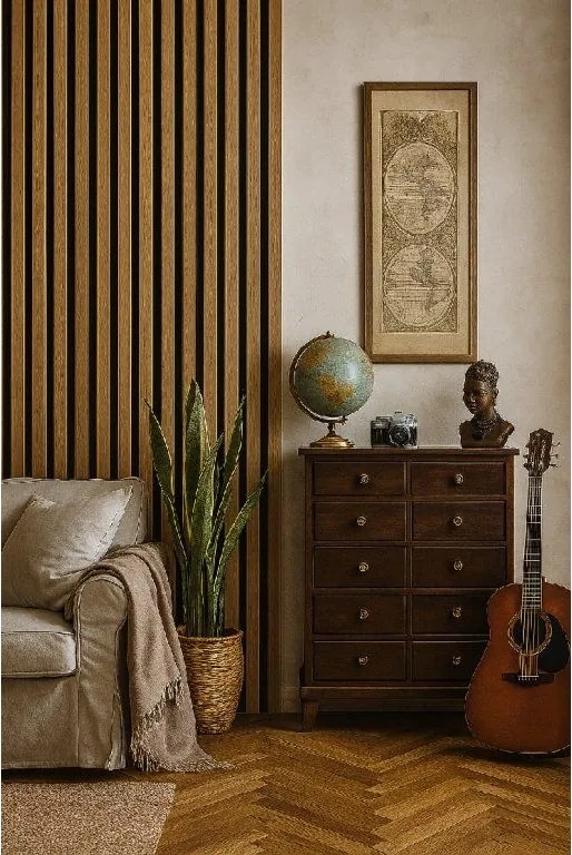 3D Dřevěné lamely na zeď na filci 255x46cm - Dub LATTE