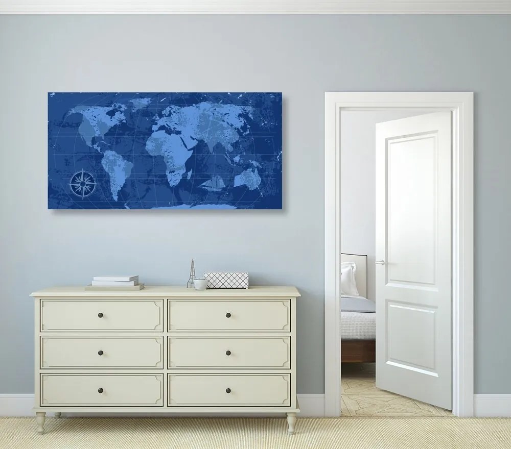 Obraz rustikální mapa světa v modré barvě - 120x60 cm