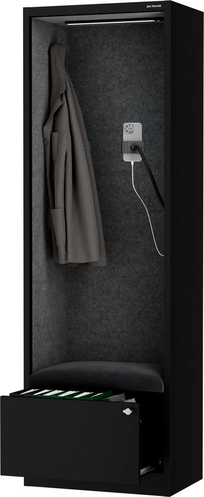 Kancelářská akustická kabina se sedátkem a USB-C portem, korpus černý / sedák tmavě šedá, 600 mm: SALLY MentalBox