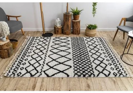 koberec BERBER SAFI N9040, bílo černý střapce, Maroko Shaggy velikost 80x250 cm | krásné koberce cz