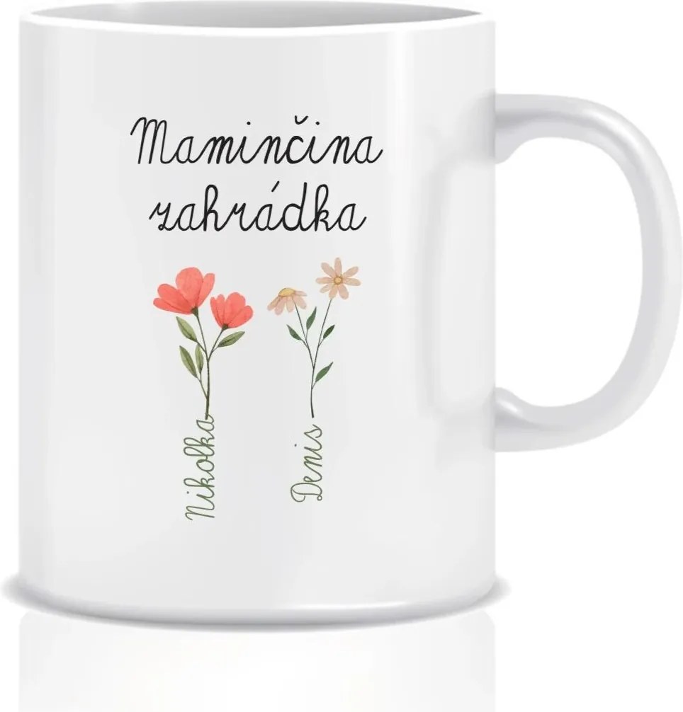 Personalizovaný klasický bílý keramický hrníček 300 ml s maminčinou zahrádkou