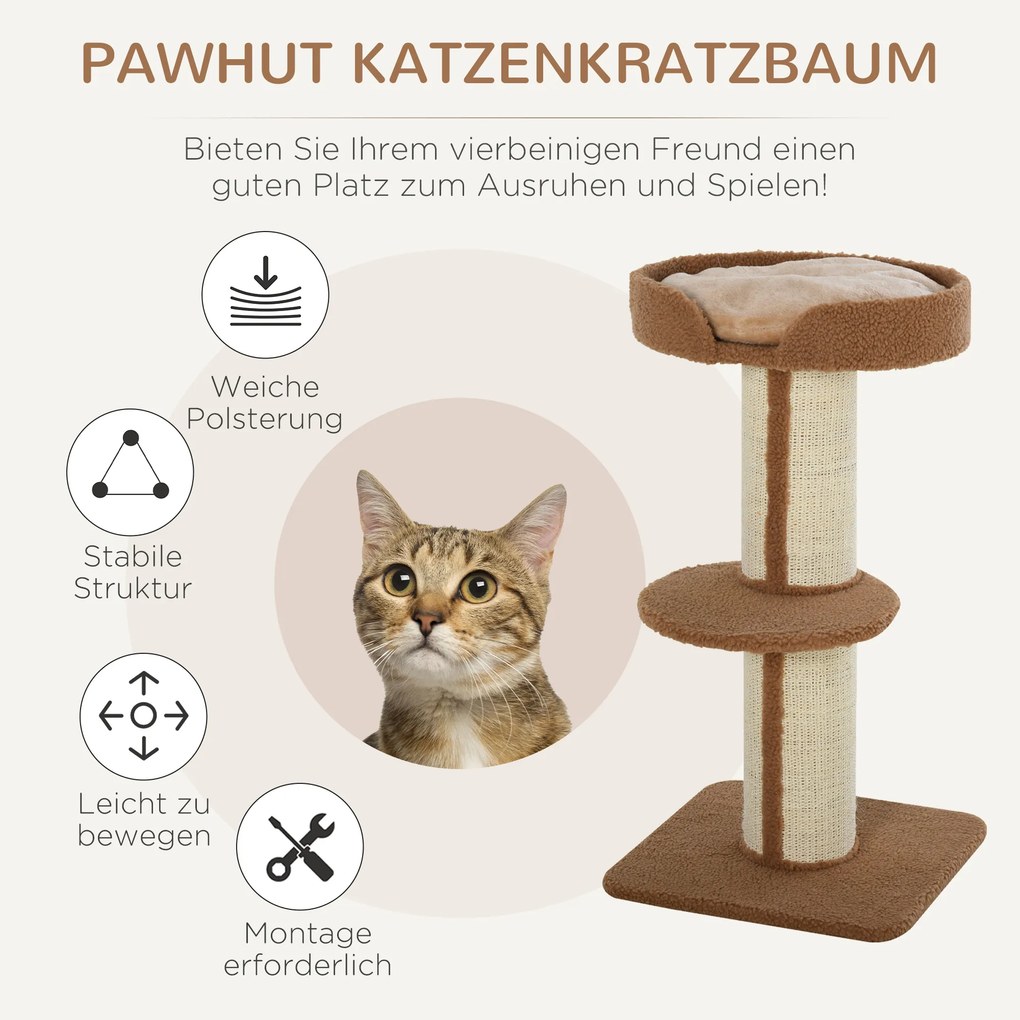 PawHut škrabadlo s odnímatelným polštářem, do 30 kg, škrabadlo, kočičí strom s plošinou, stabilní, sisal, světle hnědá, 45x45x91cm