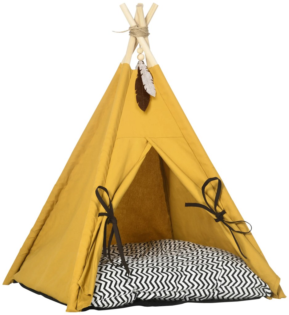PawHut kočičí domeček teepee stan pro psy s polštářem, protiskluzový, s míčkem na hraní, z borovicového dřeva, vnitřní, žlutý| Aosom