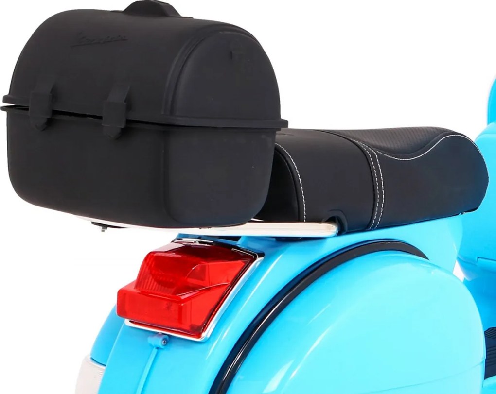 Ramiz Elektrický skútr Vespa pro děti modrý + pomocná kolečka + audio + ekokůže + EVA + plynulý start