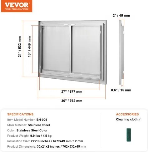 BBQ přístupová dvířka, 762 × 532 mm dvojitá venkovní kuchyňská dvířka