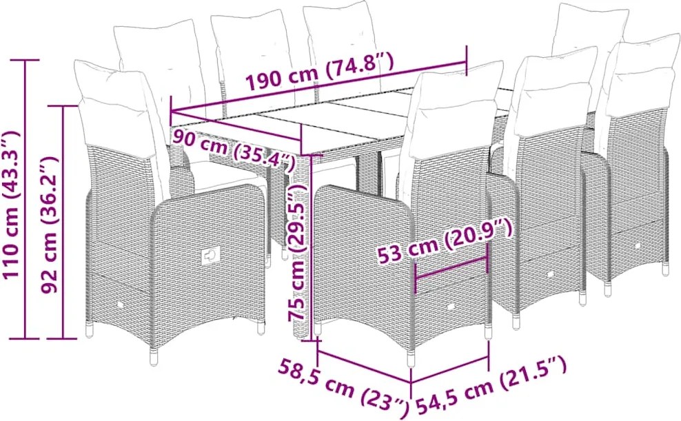 9dílný zahradní bistro set s poduškami černý polyratan 3277140