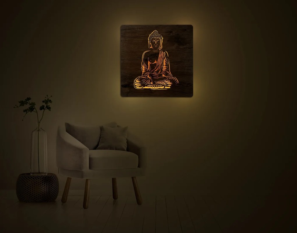 Li-Go "Buddha" světelný obraz s baterií 62x62cm varianta ovládání: manuál/pohybové čidlo, provedení povrchu: dub
