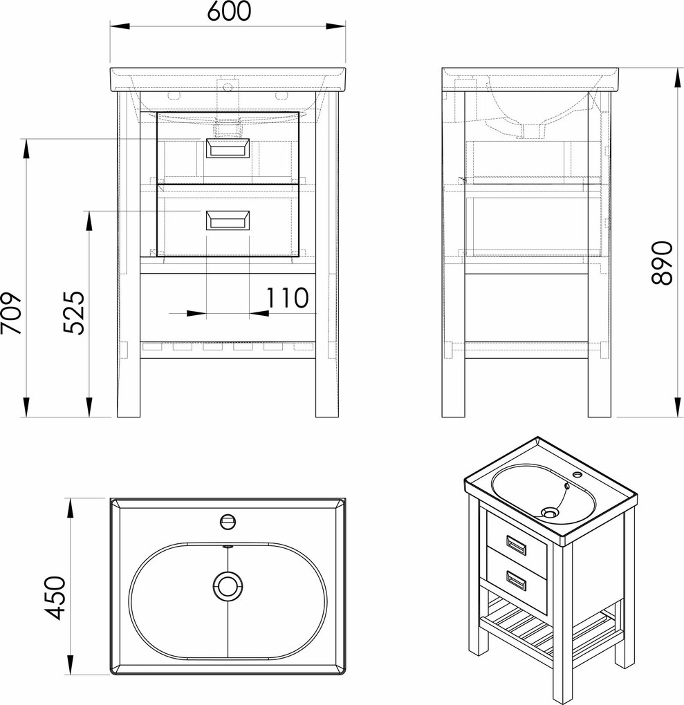 SAPHO BRAND retro umyvadlová skříňka 56x83x43cm, mořený smrk BA068S
