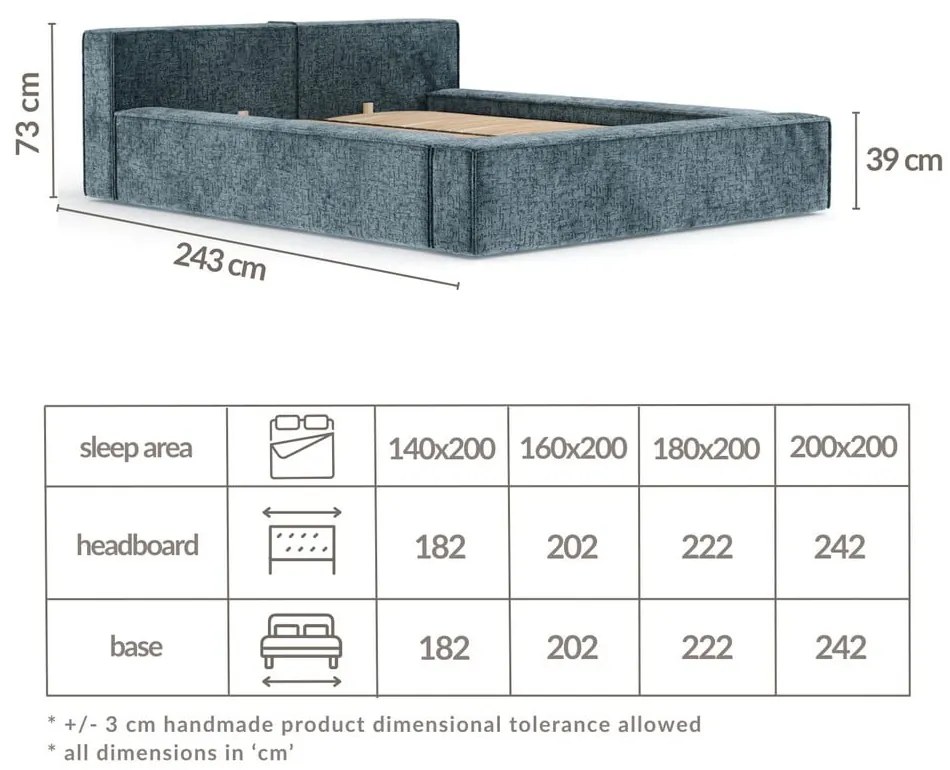 Šedomodrá čalouněná dvoulůžková postel s úložným prostorem s roštem 180x200 cm Voliera – Maison de Rêve