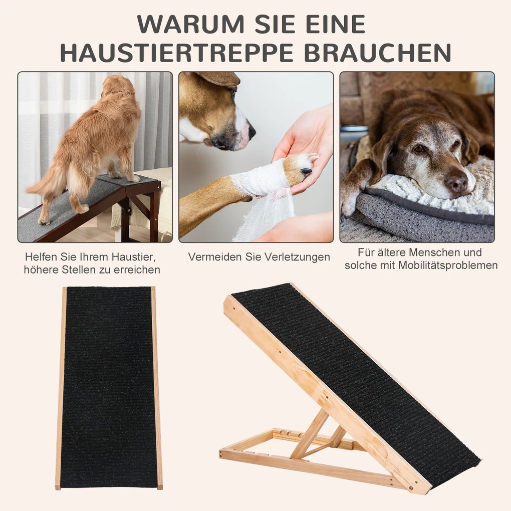PawHut rampa pro psy nastavitelná rampa pro psy s protiskluzovým kobercem z borovicového dřeva a polyesteru 90x40x61cm pro psy a kočky | Aosom.de