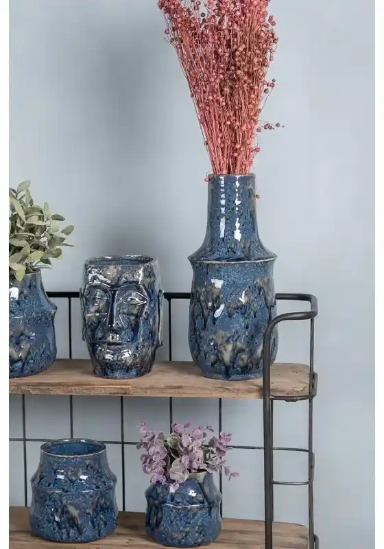 Modrý keramický obal na květináč/ váza s obličejem Blue Dotty M - 13*15*17  cm | BIANO