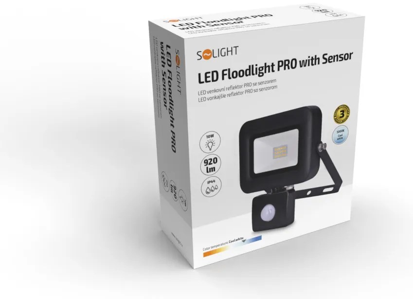Solight LED reflektor PRO se senzorem, 10W, 920lm, 5000K, IP44