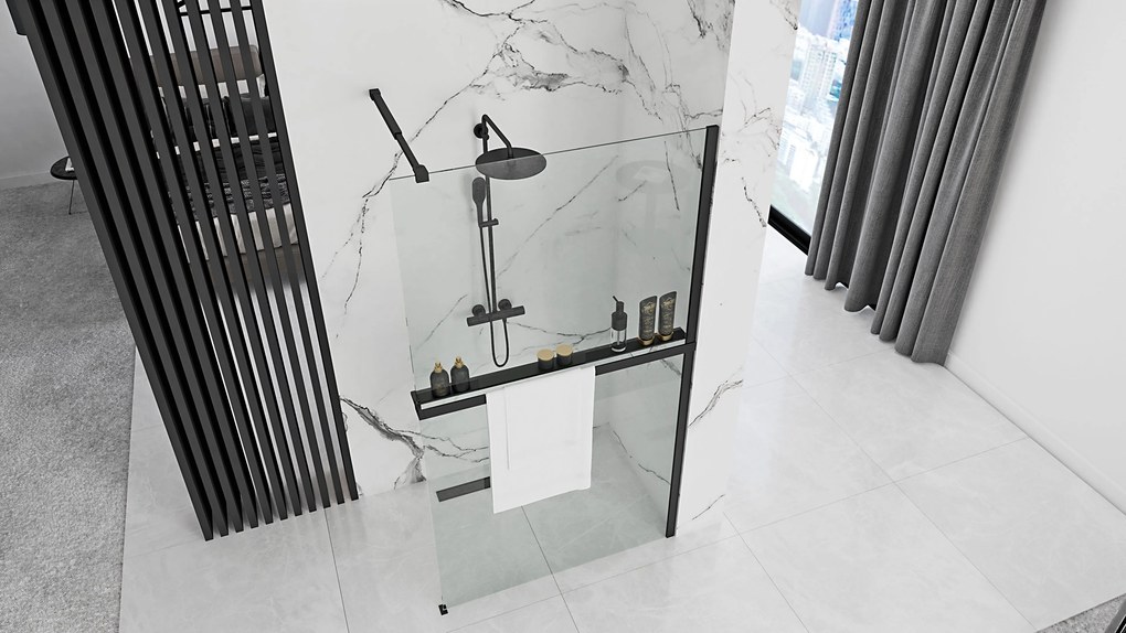 Rea Aero, sprchová zástěna typu Walk-In 90 cm + polička a věšák EVO, 8mm čiré sklo, černý profil, KPL-K7581