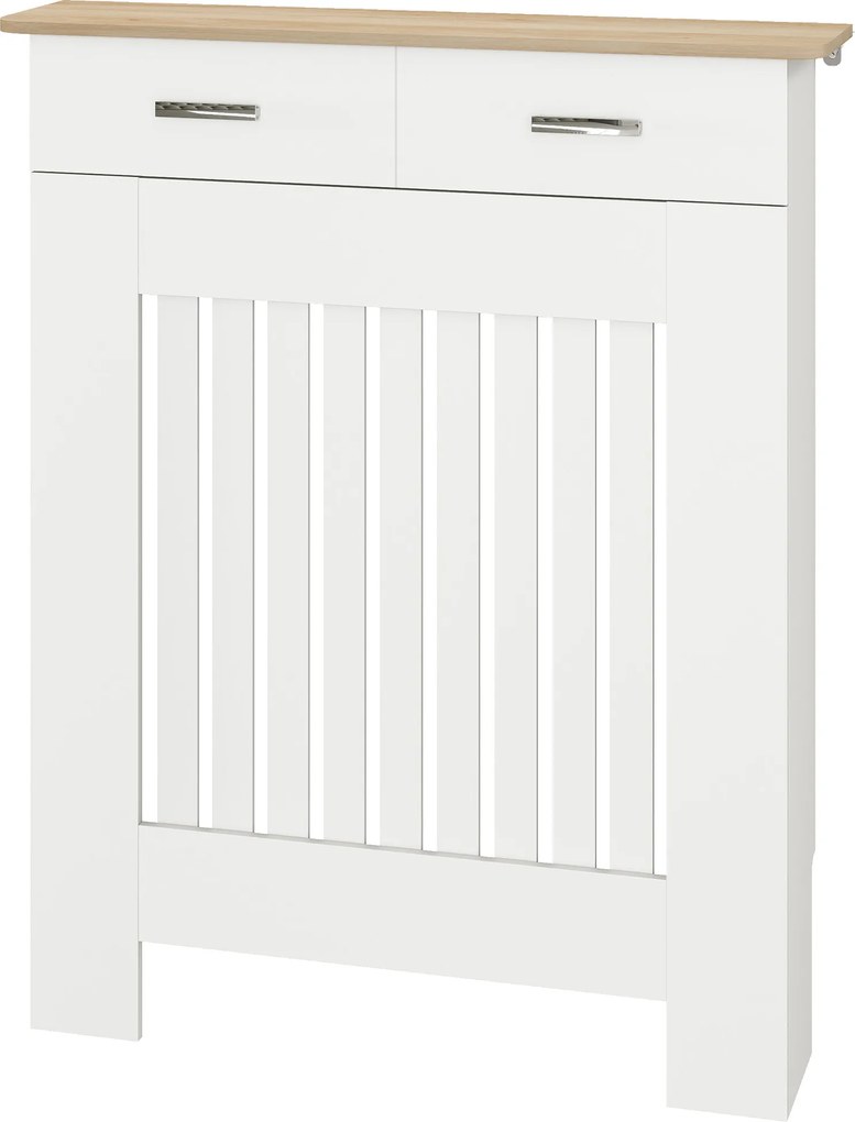 HOMCOM Kryt radiátoru s lamelami s ochranou proti převržení a zásuvkou, dřevo, 78x19x97 cm, bílý