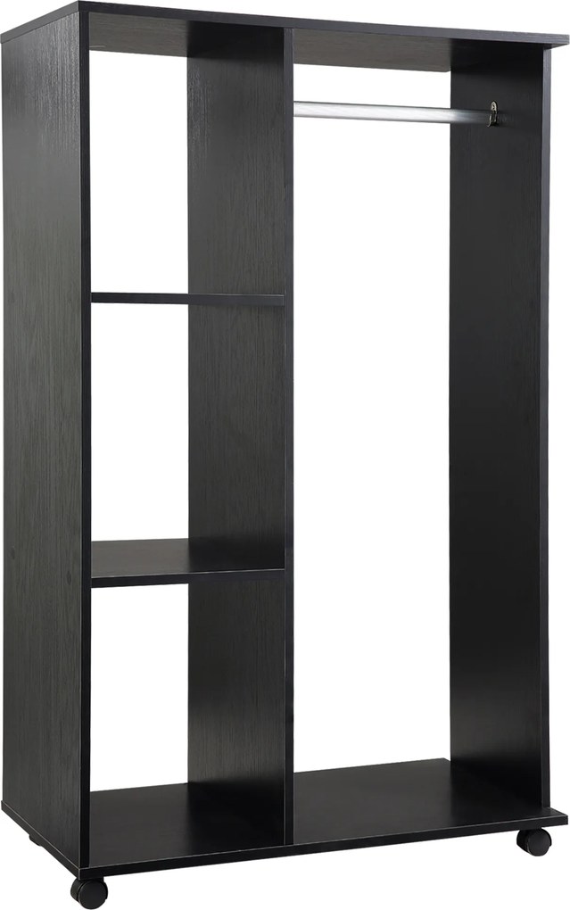 HOMCOM Skříň na kolečkách s otevřeným designem pro oblečení s ramínkovou tyčí a policemi organizátor pro ložnici 80x40x128 cm Černá