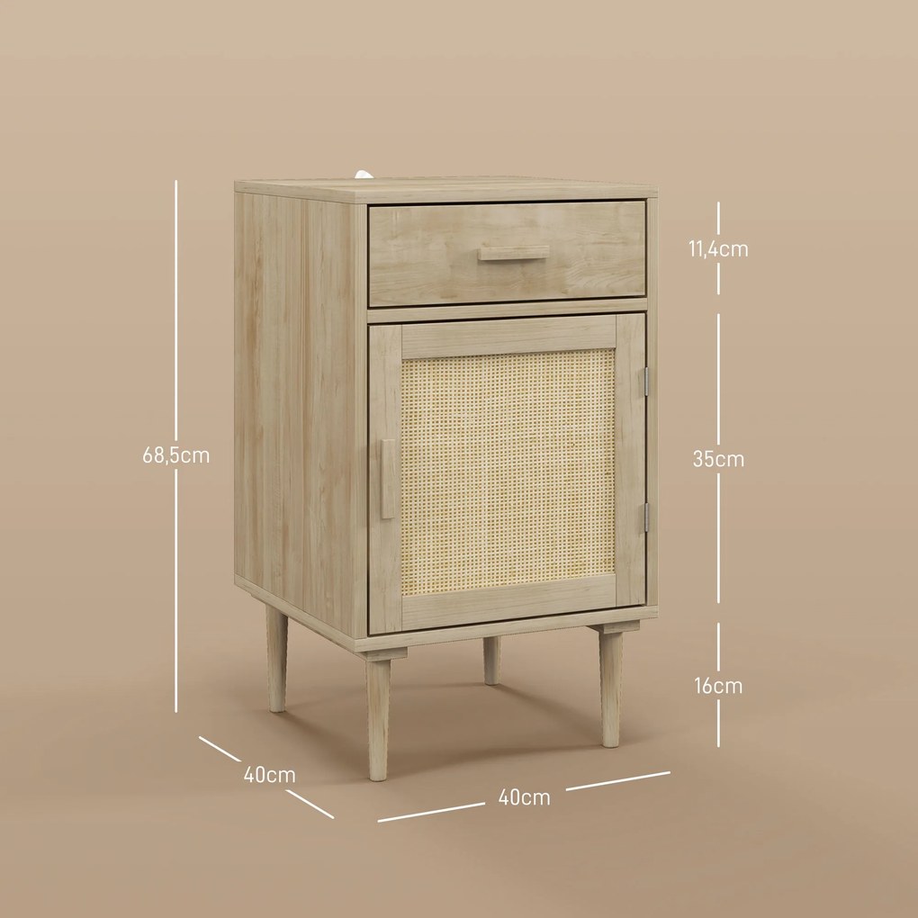 HOMCOM Noční stolek s ratanovými dvířky a policí + 1 zásuvka, bohémský design - 40 x 68,5 cm, přírodní