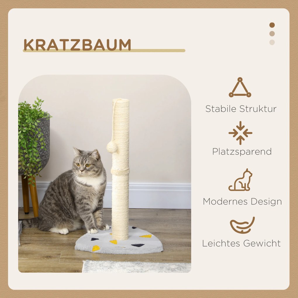 Škrabací podložka PawHut pro kočky s plyšovým designem a hracím míčkem, robustní jutový provaz, kompaktní rozměry 35 x 62 cm, světle šedá a béžová