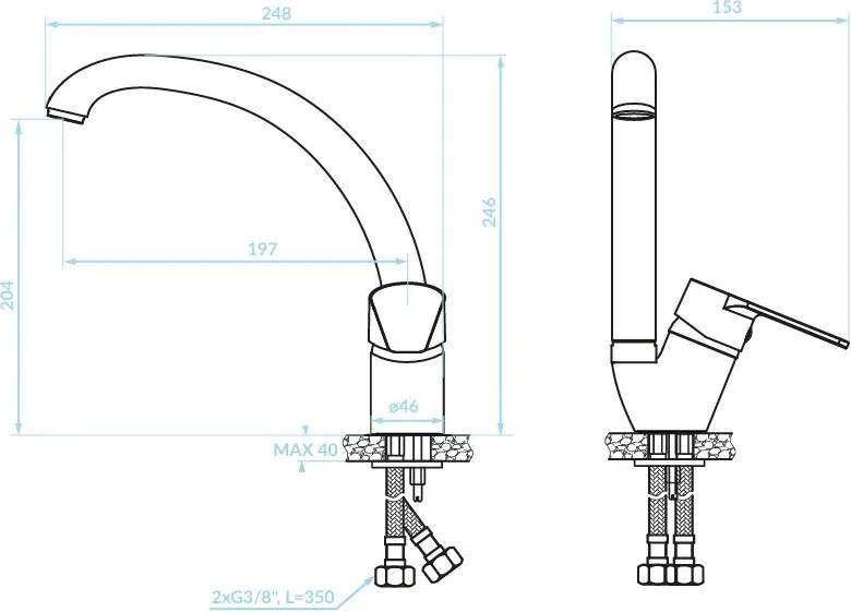 Kuchinox Luga, stojánková dřezová baterie s F-tvarovaným výtokem, chromová, LAV-BQL_067D