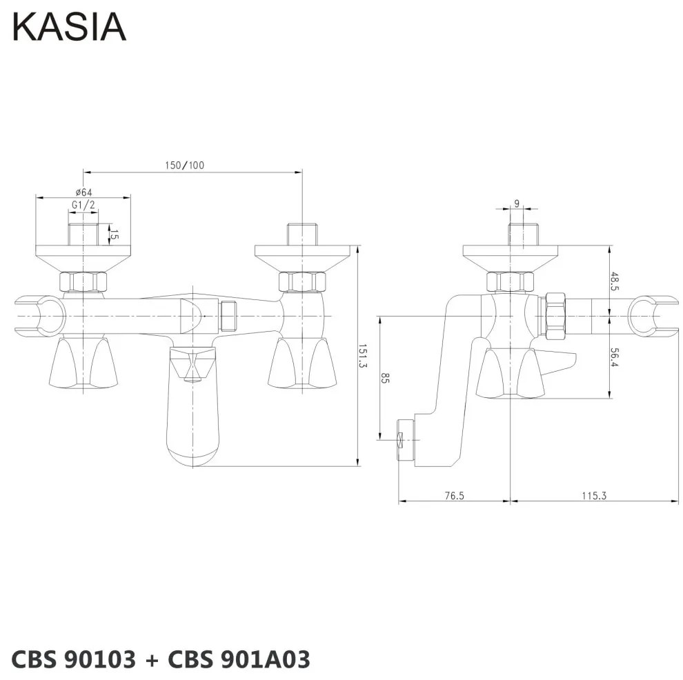 Mereo Mereo, Vanová nástěnná baterie, Kasia, bez příslušenství, chrom, CBS901A03