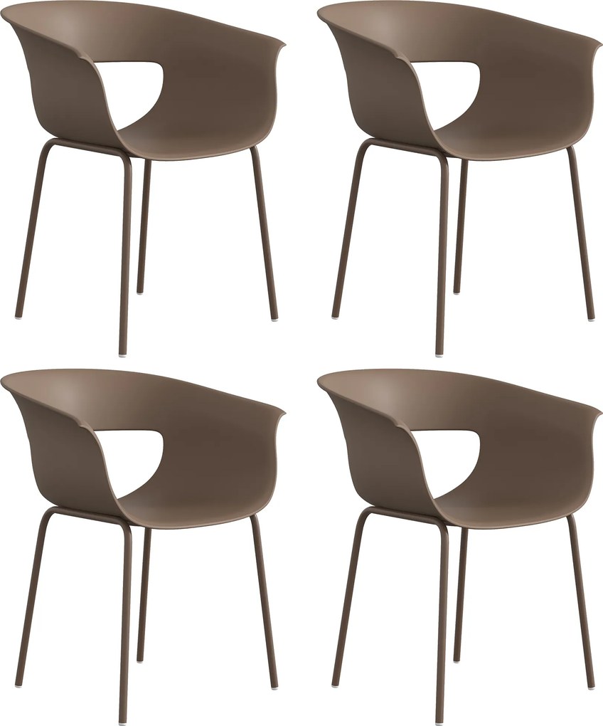 Outsunny Zahradní židle 4dílná sada ergonomické balkonové židle s výřezovým designem, područkou, odolné vůči povětrnostním vlivům, antikorozní, káva