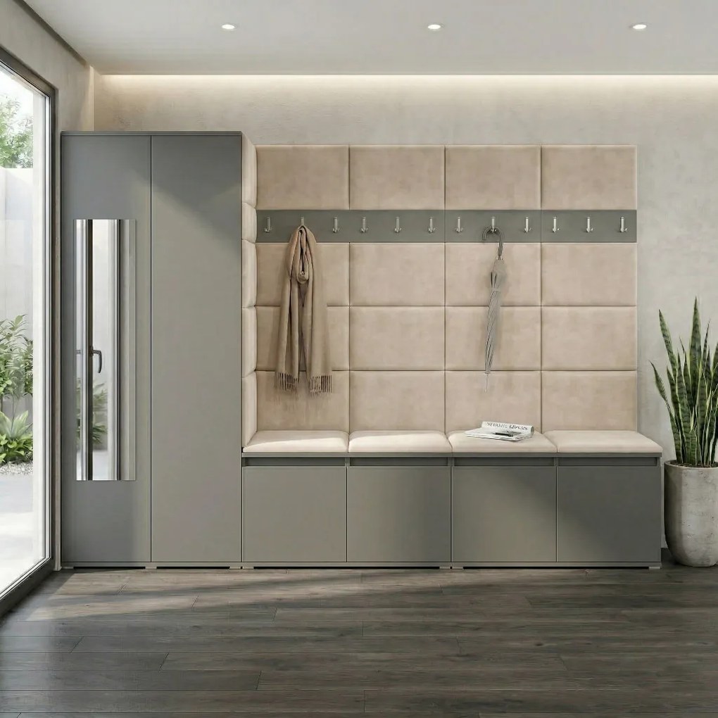 Předsíňová stěna Trinity 9 s čalouněnými panely, 290 cm, grafit/ tmavě krémová