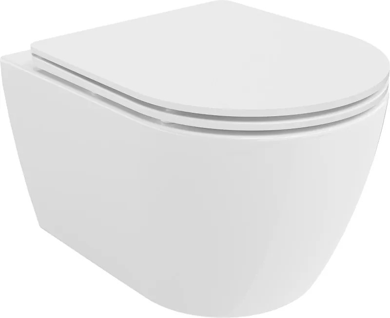 Mexen Carmen, závěsná WC mísa 490x365x340 mm, Rimless Tornádo + WC sedátko z duroplastu, bílá lesklá, 30880300T