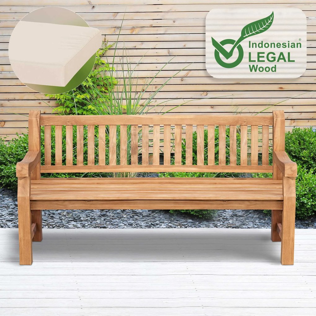 Teaková lavice Jackson s sedací polštář 180 cm + teak – krémová