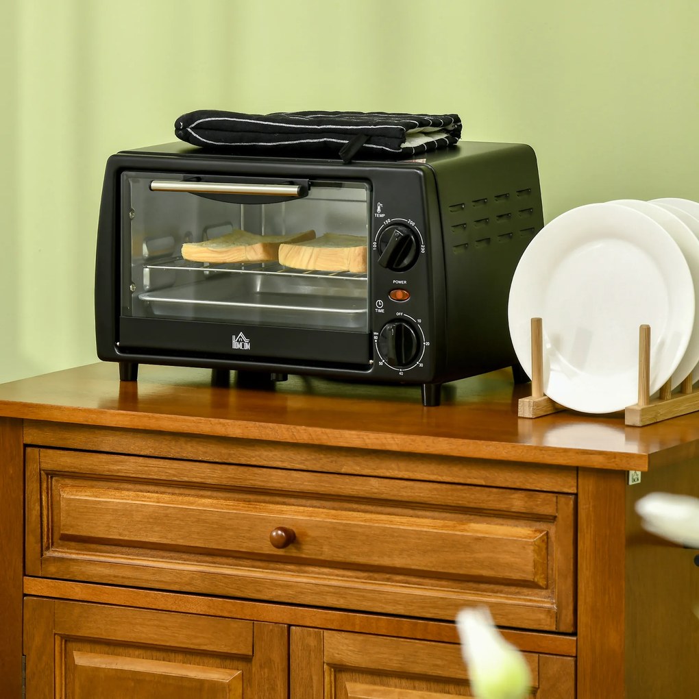 HOMCOM Mini trouba 10L 750W do 230°C s časovačem 60 min malá elektrická trouba včetně plechu a roštu 36,5x26x22 cm černá | Aosom.de