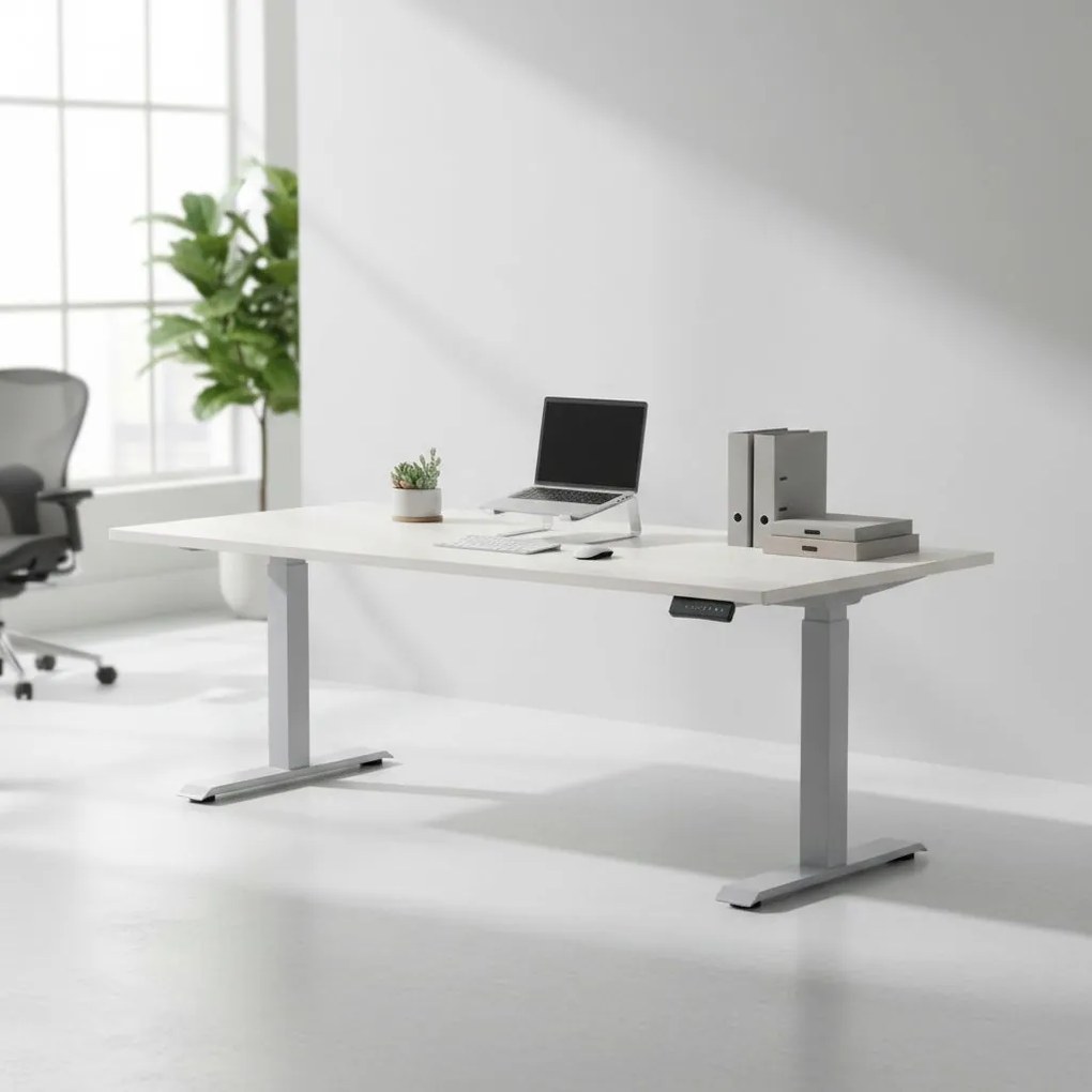 Výškově nastavitelný stůl OfficeTech D, 200 x 80 cm, šedá podnož, bílý jasan