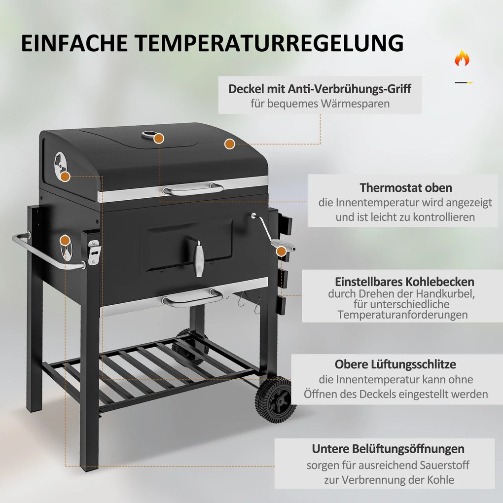 Outsunny grilovací vozík na dřevěné uhlí BBQ stojan na grilování z nerezové oceli černý 113x65x108cm pro zahradu a terasu