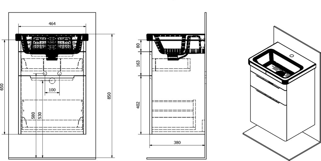 Sapho Sapho, ELLA umyvadlová skříňka 46,5x65x38,5cm, 2x zásuvka, bílá (70052), EL052-3030