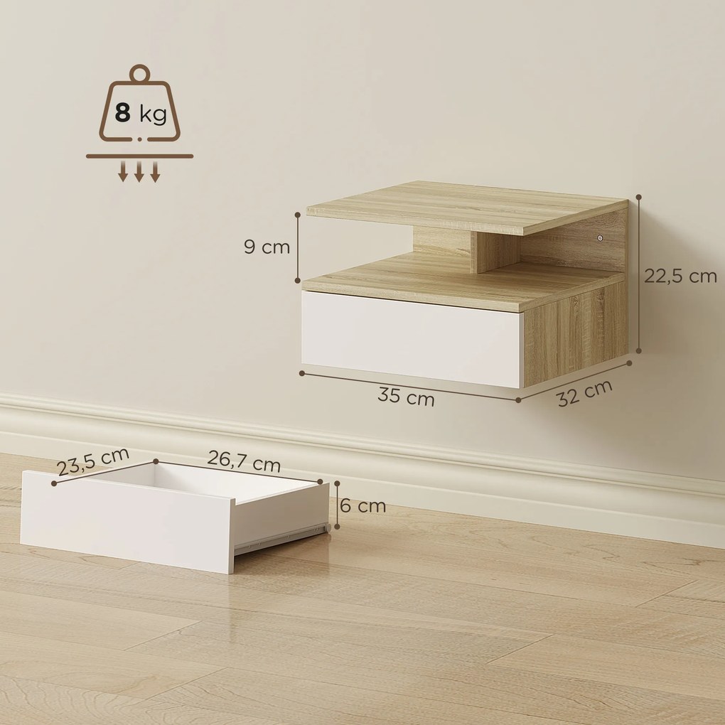 HOMCOM Sada 2 závěsných nočních stolků s šuplíkem na montáž na stěnu 35x32x22,5 cm, dub a bílá