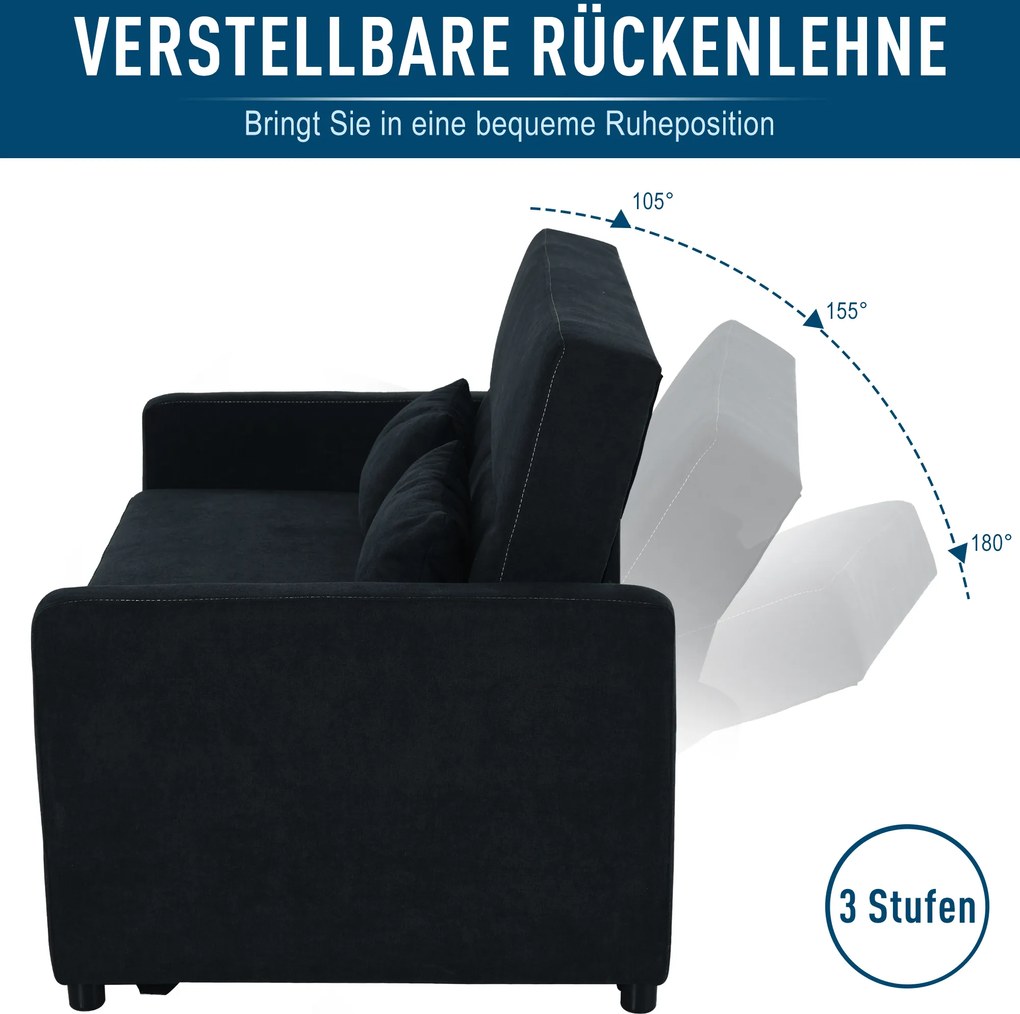HOMCOM Rozkládací pohovka 2místná s funkcí spánku nastavitelný úhel látková pohovka černá 148 x 82 x 89 cm do obývacího pokoje | Aosom.de