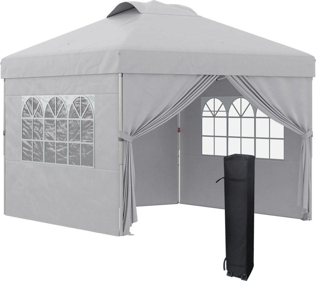 Outsunny Skládací Zahradní Gazebo Pop-up Recepční Stan 3x3 s Nastavitelnou Výškou, Bočními Stěnami, Ventilací, Okny a Taškou na Kolech z Oxfordské Tka