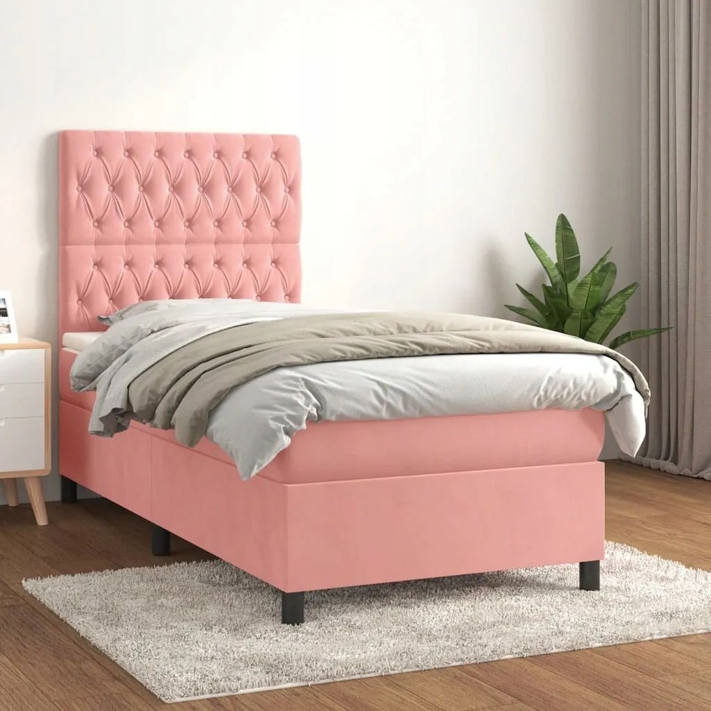 Box Spring Postel S Matrací Samet Růžová Prošívaný design 90 x 190 cm