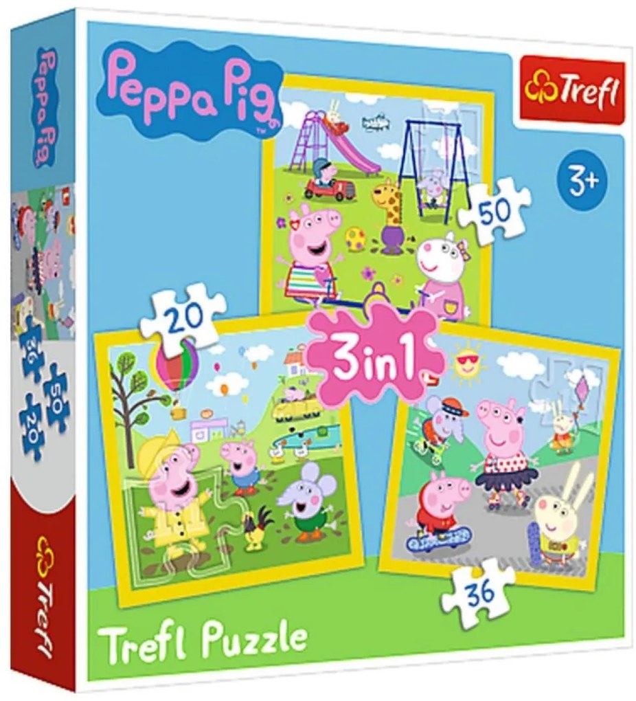 Puzzle 3v1 Prasátko Peppa/ Peppa Pig Šťastný den prasátka v krabici 28x28x6cm