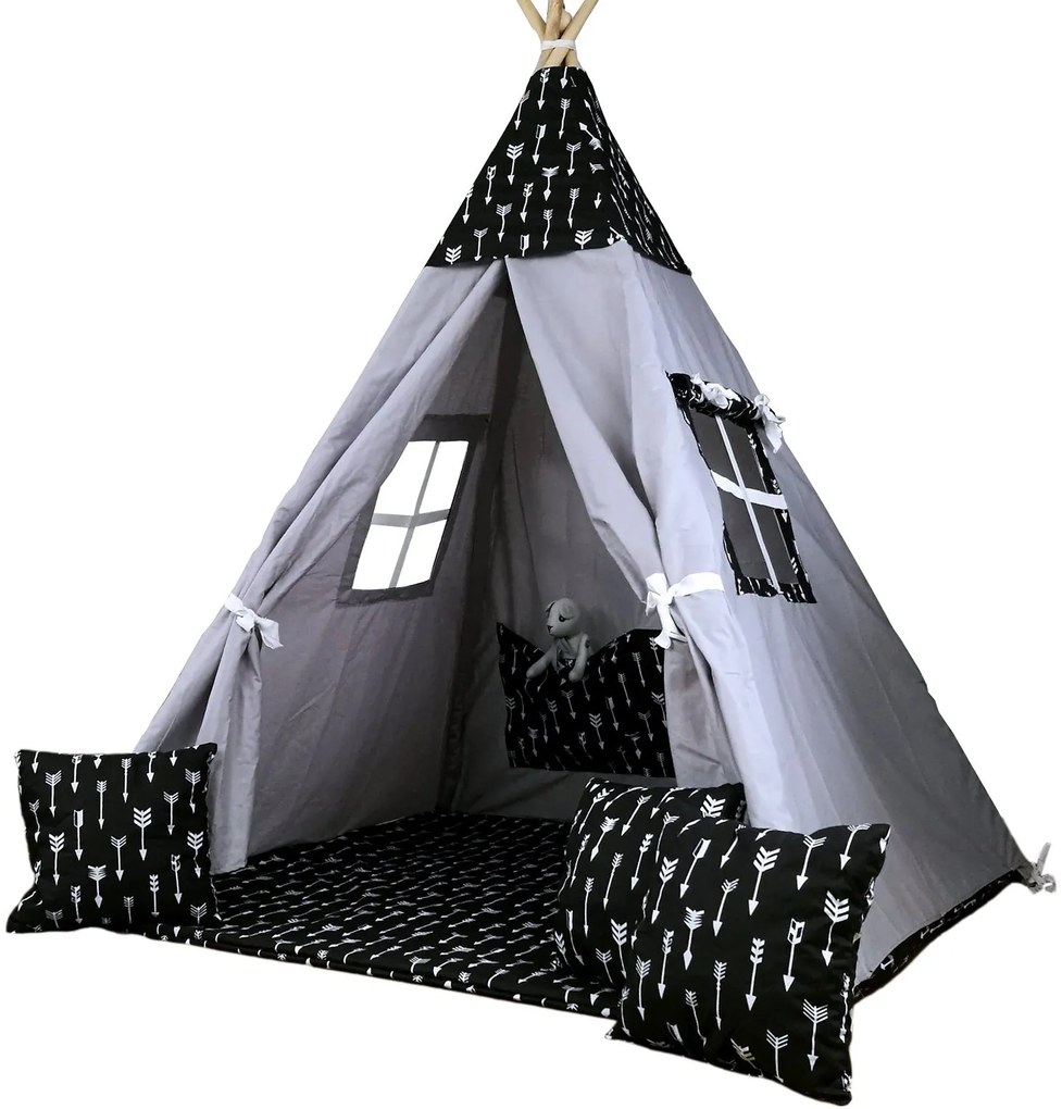 Dětský stan TEEPEE (TÝPÍ) ŠÍPY s doplňky - šedý/černý