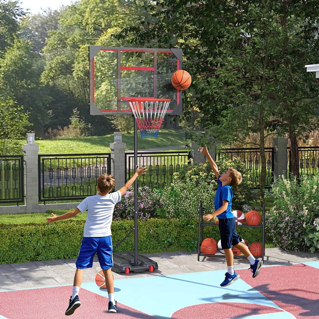AIYAPLAY Dětský venkovní koš na basketbal, nastavitelný od 210-260 cm s kolečky, systém na basketbal pro děti od 6 let, červený