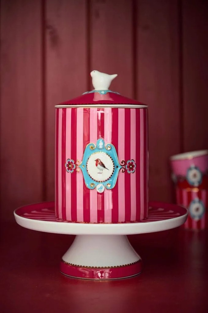 Pip Studio Love Birds Strispes dóza 1,3 l - červeno-růžová (Dóza s motivem ptáčků v červeno-růžové barvě)