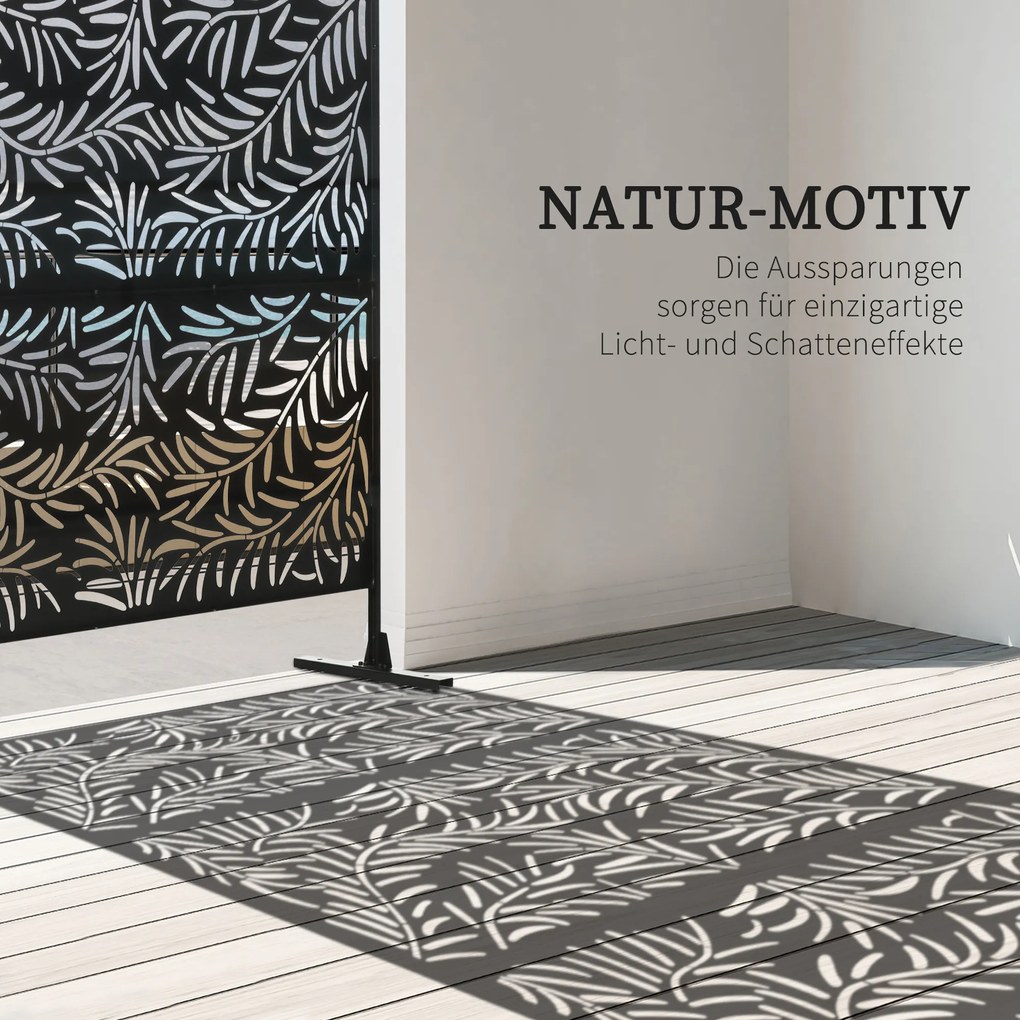 Paraván Outsunny se stojanem, rozdělovač místností se vzorem vrbových listů, 122 x 198 cm, rozdělovač místností na zahradu, terasu, ocel, černý