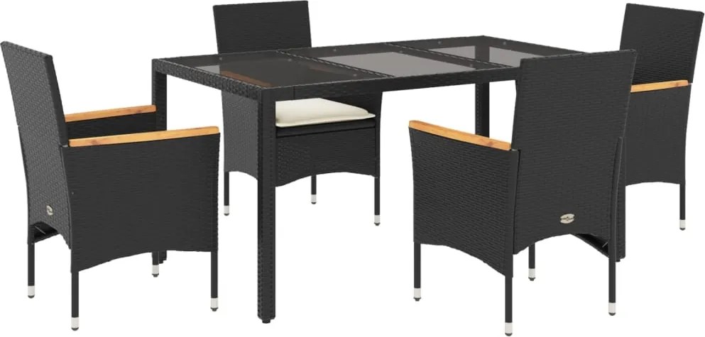 5dílný zahradní jídelní set s poduškami černý polyratan a sklo 3278647