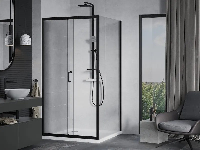 Mexen Apia posuvná sprchová kabina 90 x 90 cm, transparentní, černá + vanička Flat, bílá - 840-090-090-70-00-4010B