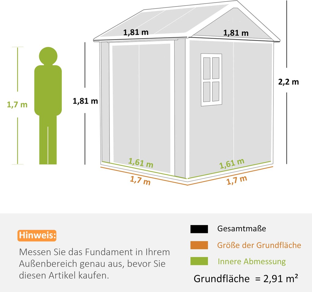 Zahradní kůlna Outsunny s povrchem připomínajícím staré dřevo, 2,91 m², s dvojitými dveřmi a zámkem, šikmou střechou, 181x181x220 cm, šedá
