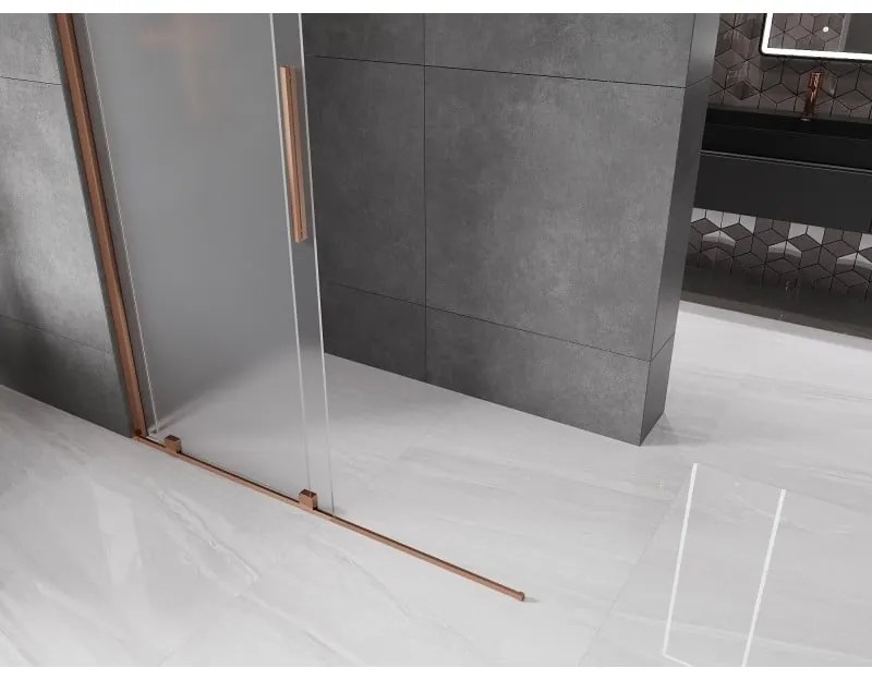 Mexen Velar, sprchová zástěna s posuvnými dveřmi Walk-in 140 x 200 cm, 8mm sklo námraza, růžové zlato, 871-140-000-33-60